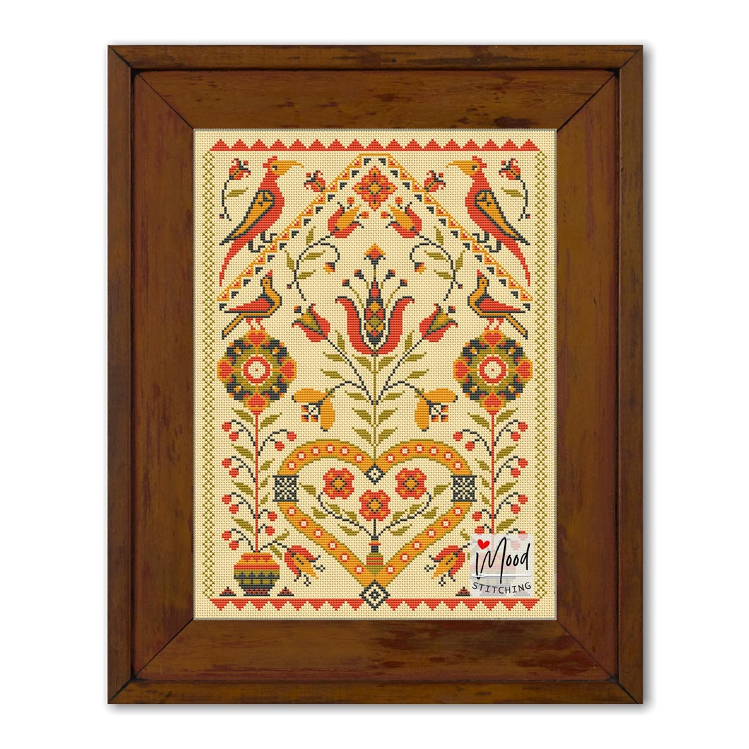 Fraktur Cross Stitch Pattern, Heart and Birds Sampler, Folk Style ...