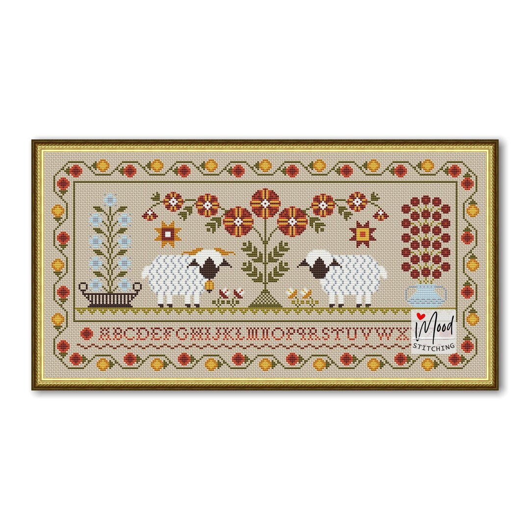 Cross Stitch Primitive Pattern, Two Sheep Sampler Pdf, Sheep Pattern ...