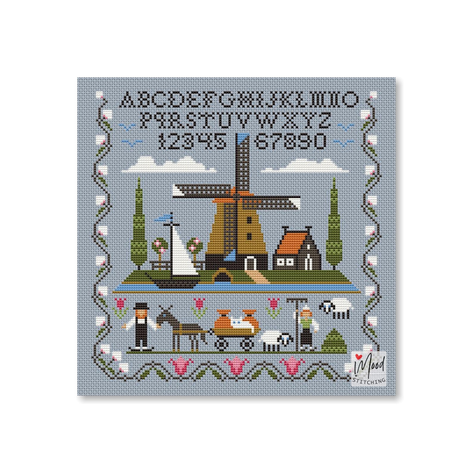 Windmill Cross Stitch Primitive Pattern: Summer Farm Sampler (PDF ...