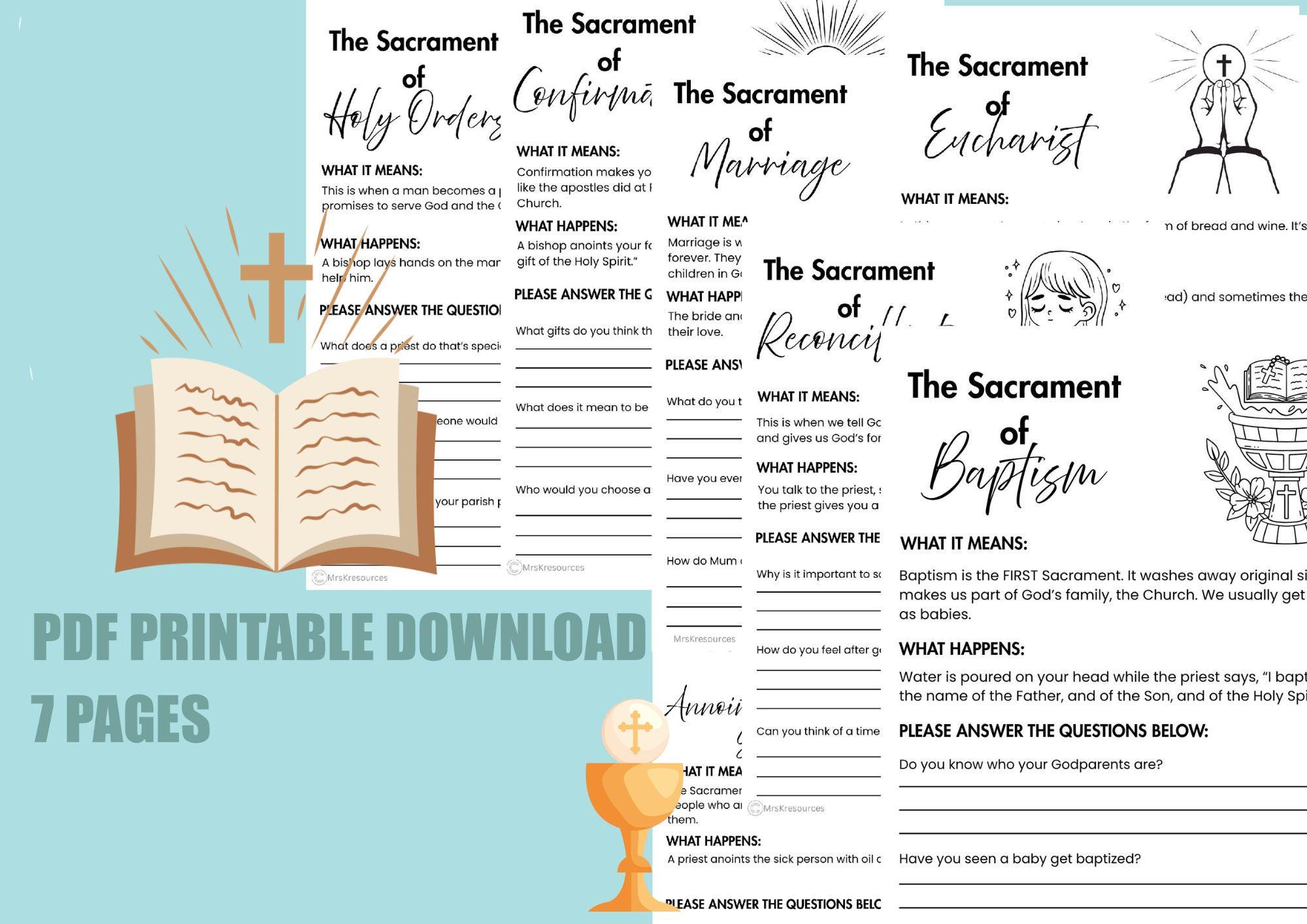 7 Sacraments Worksheet for Kids | Catholic Digital Printable ...