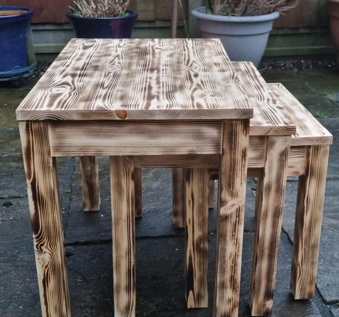 Rustic Handmade Pine Nesting Tables – Burnt Wood Side Table Set of 3 ...
