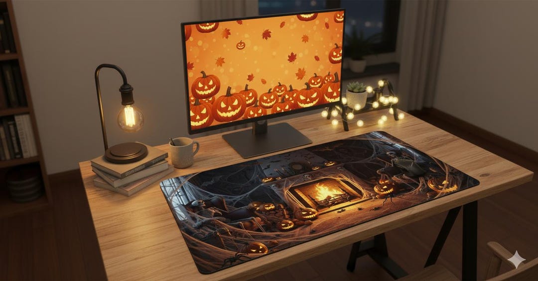 Halloween Desk Mat, Spooky Mouse Pad, Haunted House, Skeletons, Bats ...