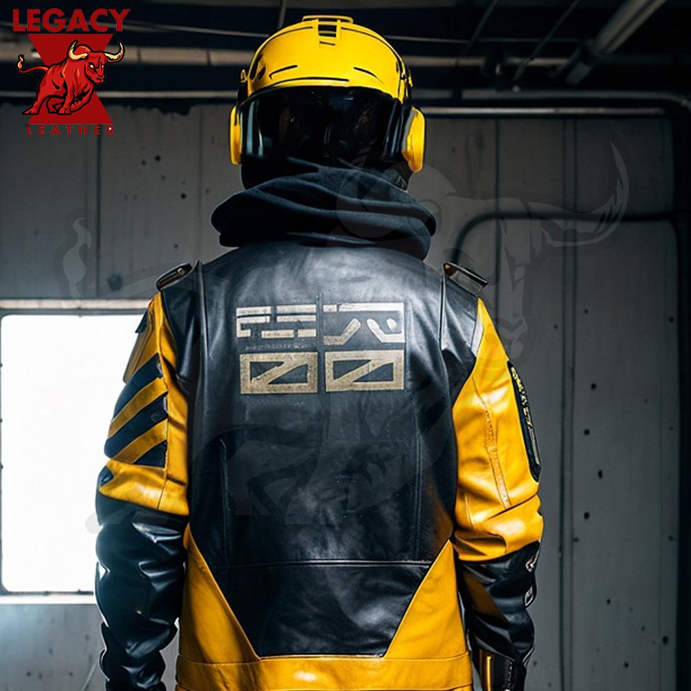 Techwear Leather Jacket, Futuristic Yellow Standup Collar Full Zip With ...