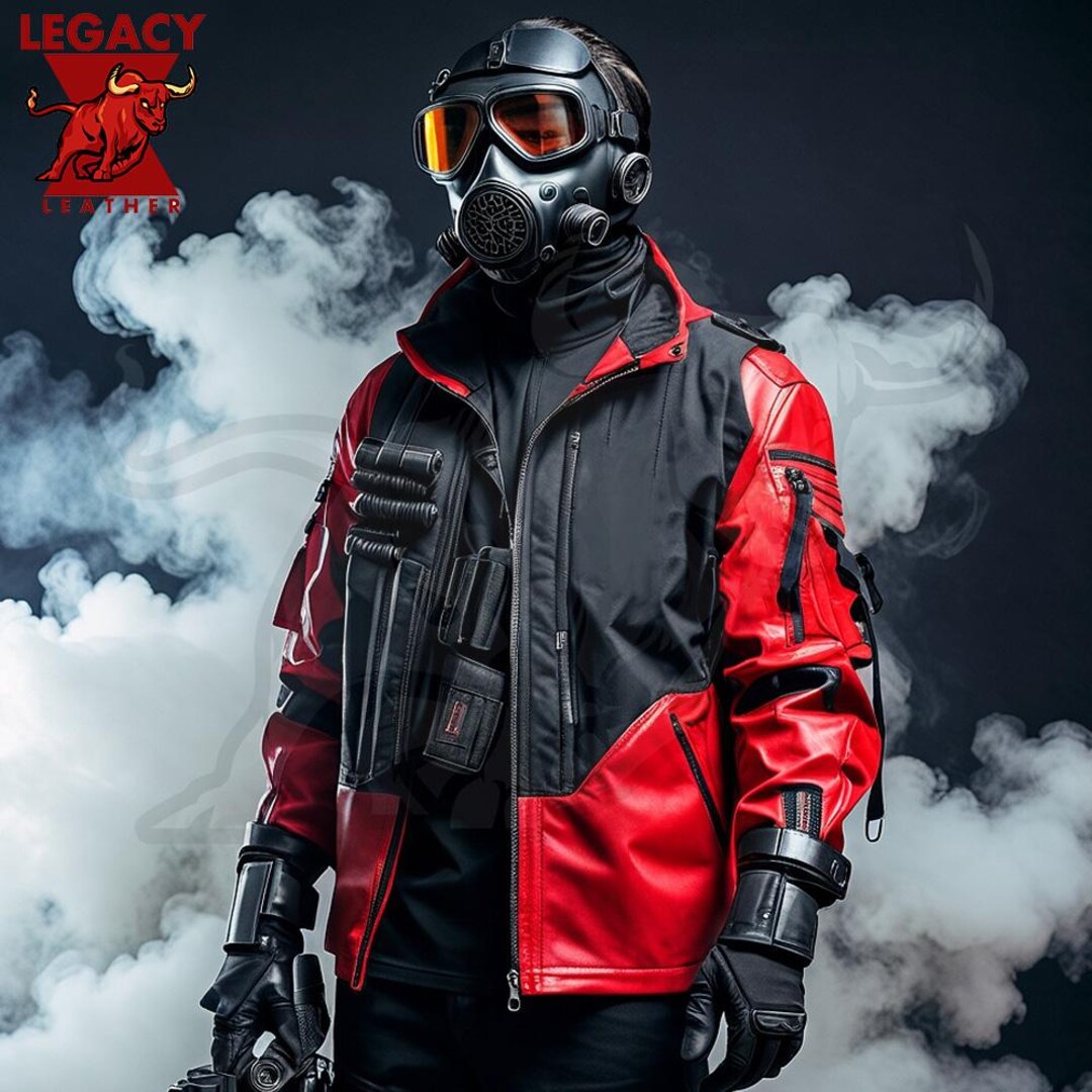 Men's Red Black Leather Techwear Jacket – Standup Collar Zip Buckle - Etsy