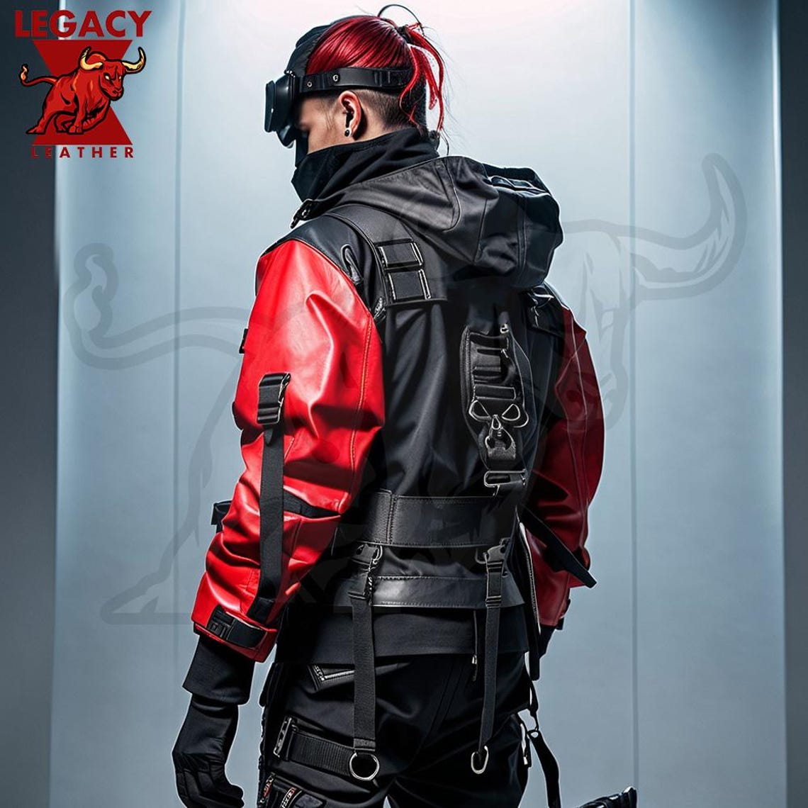 Men's Red Black Leather Techwear Jacket – Standup Collar Zip Buckle - Etsy