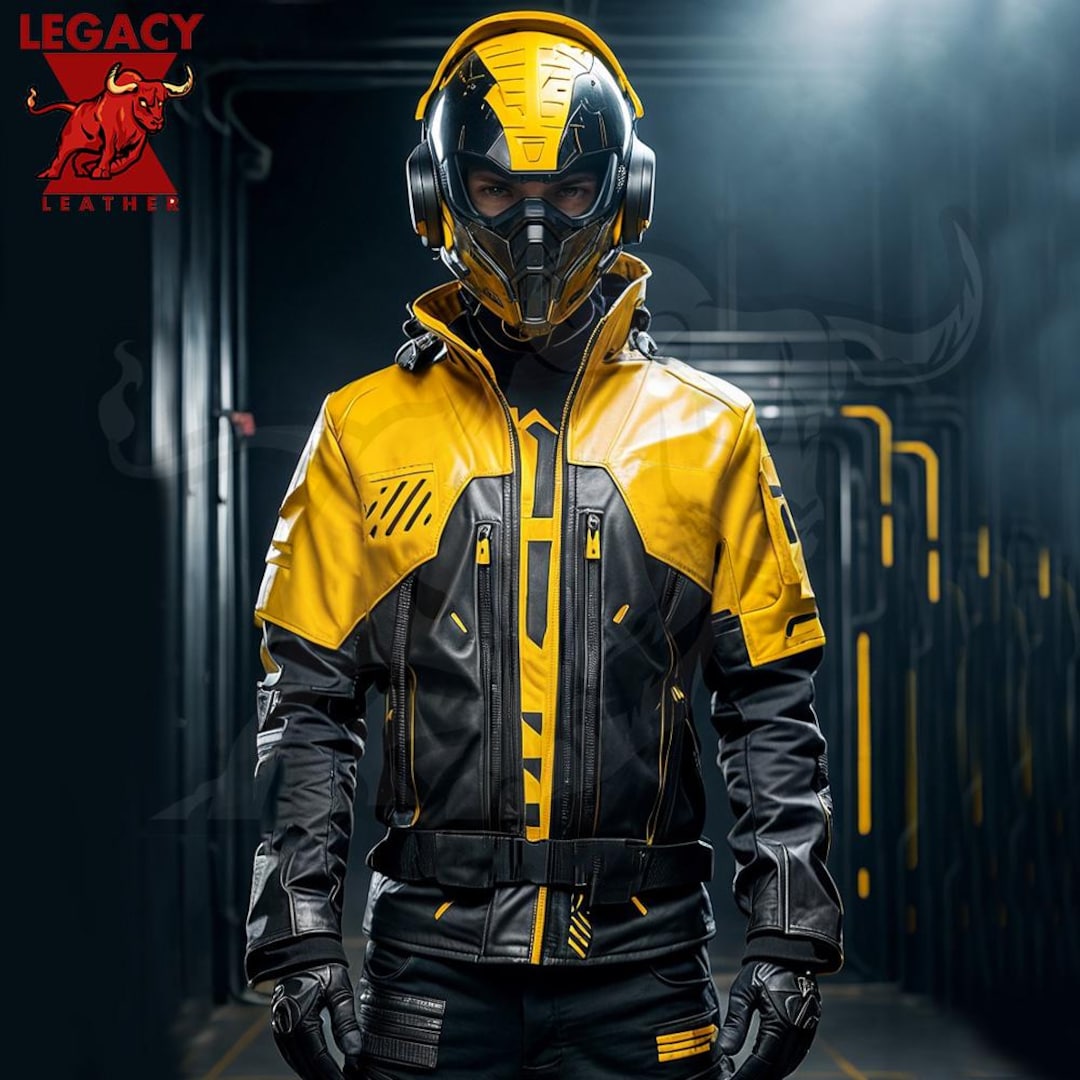 Techwear Leather Jacket, Futuristic Yellow Standup Collar Full Zip With ...