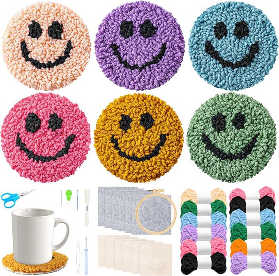 Smile Punch Needle Coaster Kit, 22pcs Embroidery Needle Coasters Crafts ...