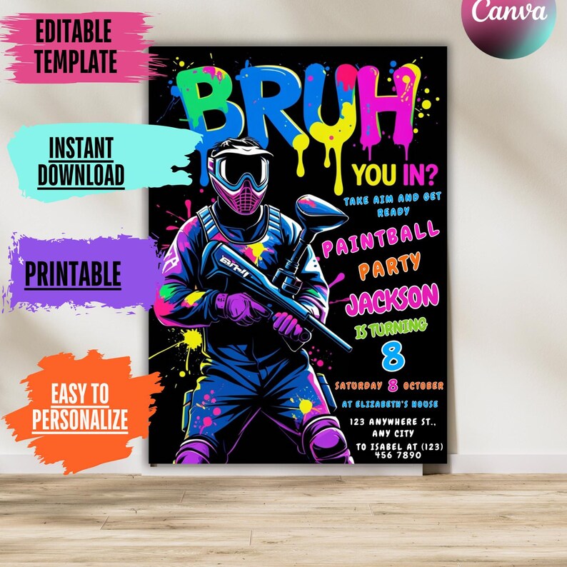 Paintball Birthday Invitation, Army Theme, Editable Party Invite ...