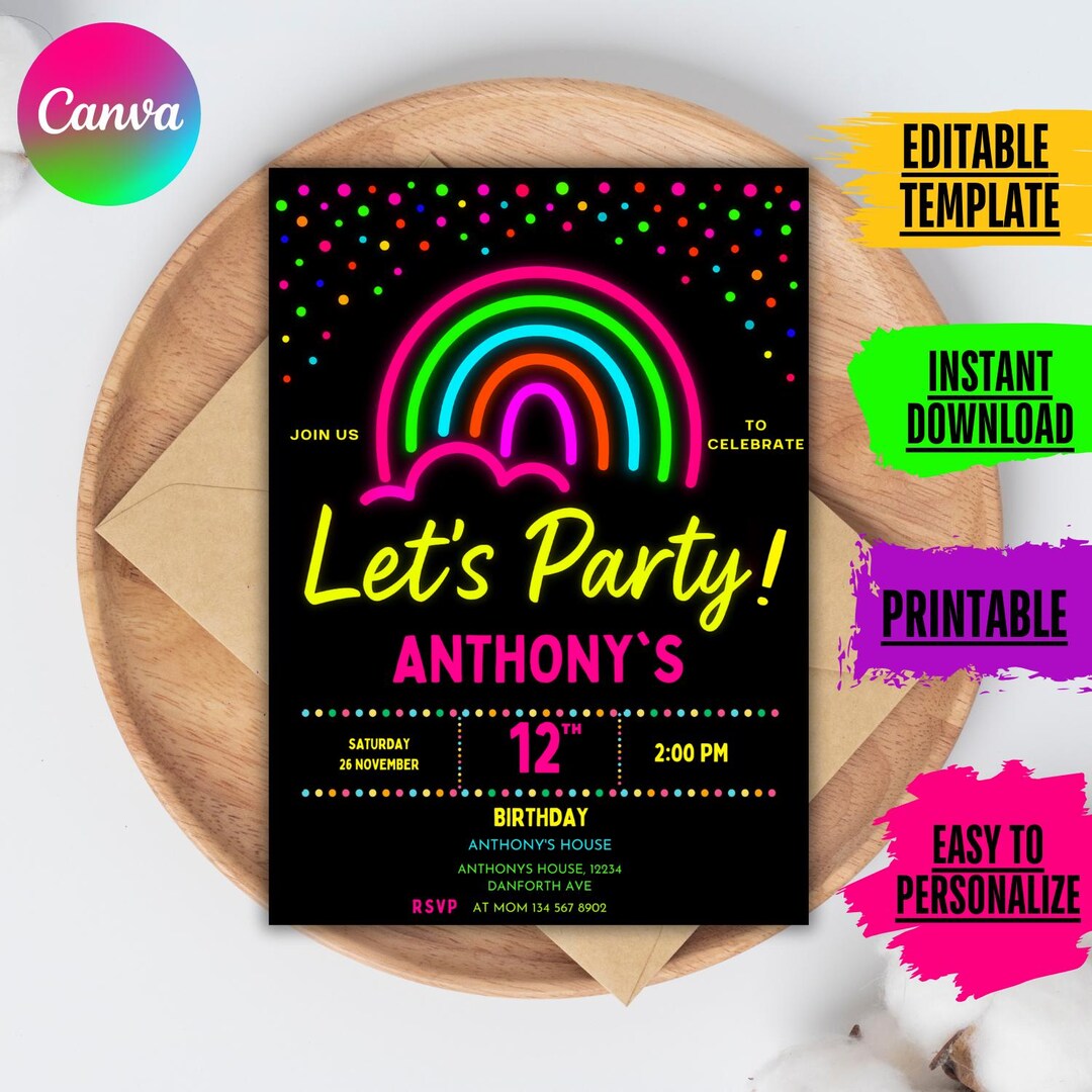Rainbow Neon Birthday Party Invitation Template, Colorful Neon Invite ...