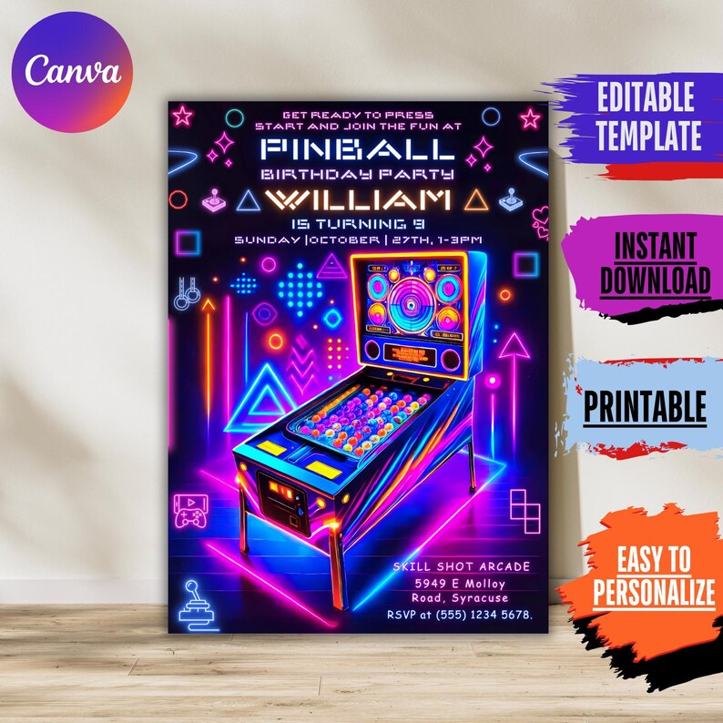 Editable Pinball Birthday Party Invitation: Neon Arcade Evite (digital ...
