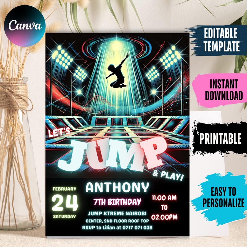 Trampoline Park Birthday Invitation: Neon Jump Party (editable Template ...