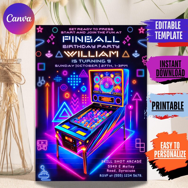 Editable Pinball Birthday Party Invitation: Neon Arcade Evite (digital ...