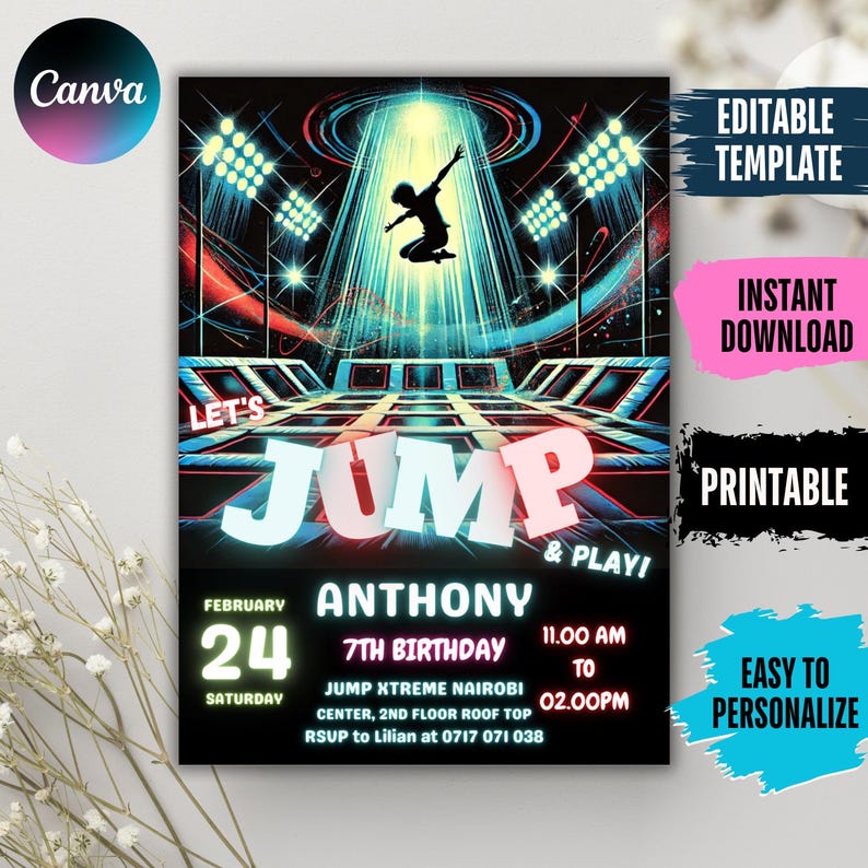 Trampoline Park Birthday Invitation: Neon Jump Party (editable Template ...