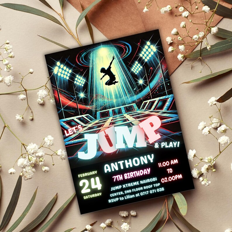 Trampoline Park Birthday Invitation: Neon Jump Party (editable Template ...
