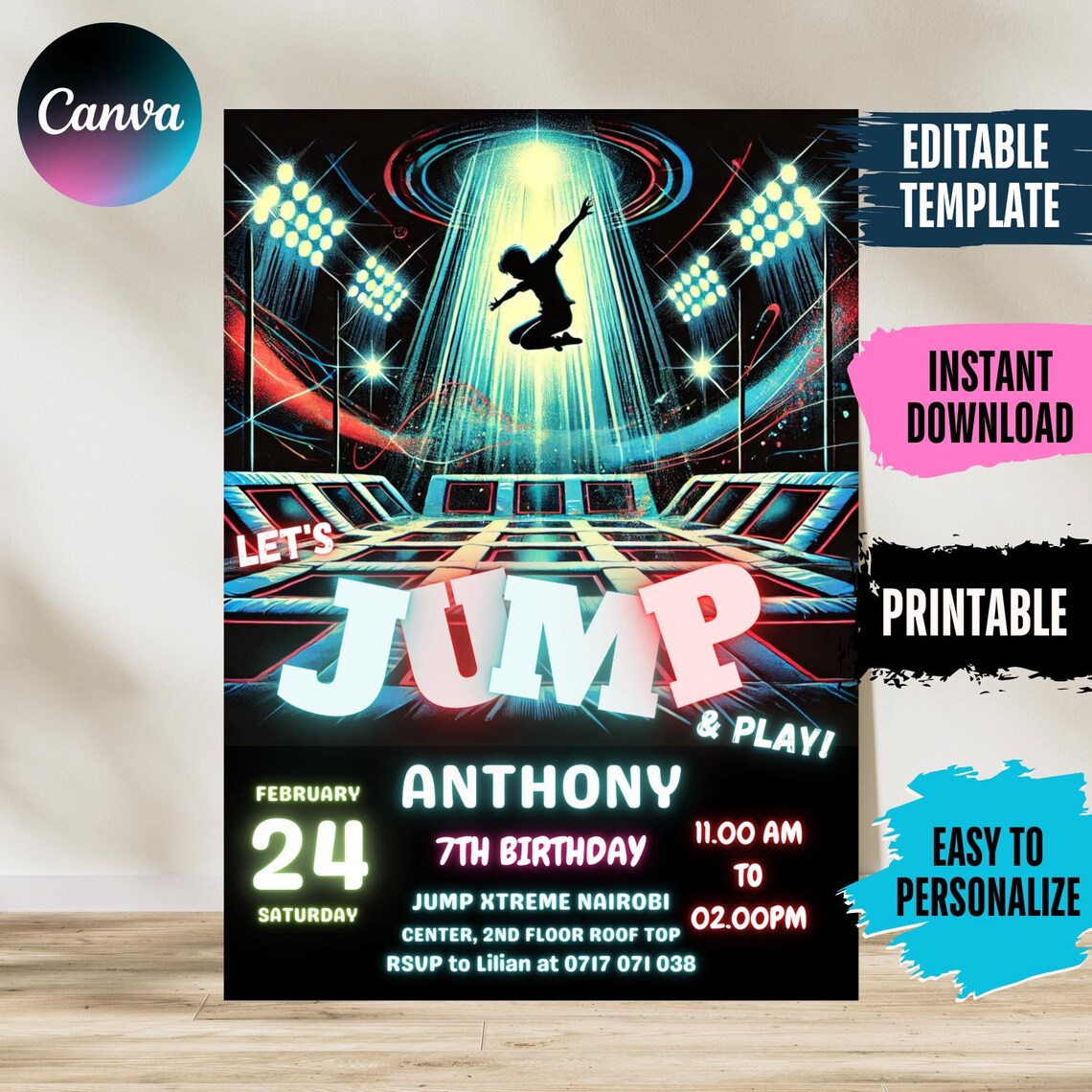 Trampoline Park Birthday Invitation: Neon Jump Party (editable Template ...