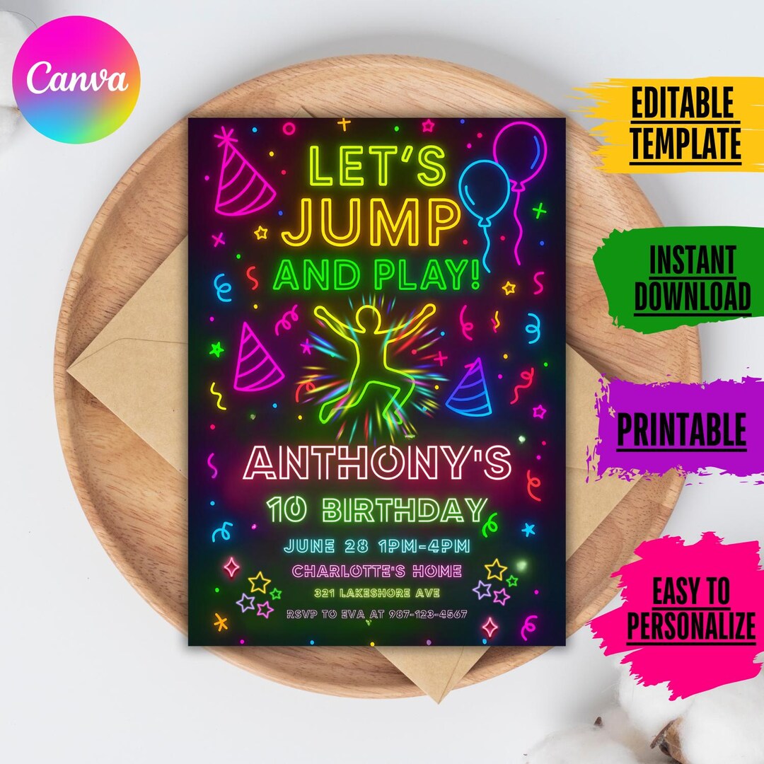 Trampoline Birthday Invitation: Editable Jump Party Template (5x7 ...