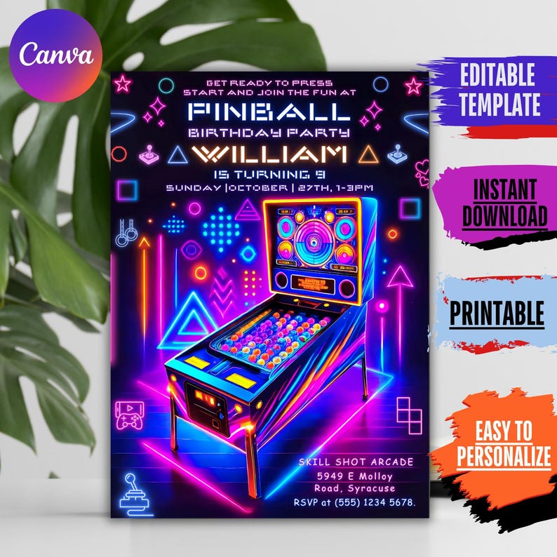 Editable Pinball Birthday Party Invitation: Neon Arcade Evite (digital ...