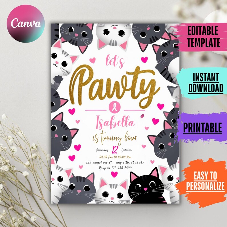 Editable Cat Birthday Invitation-kitten Party Invitation-instant ...