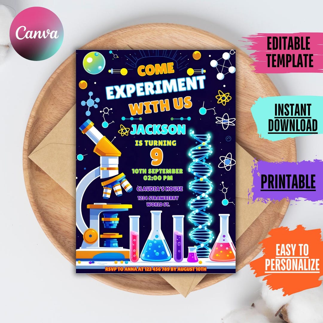 Mad Science Birthday Invitation: Editable Canva Template (5x7 Digital ...