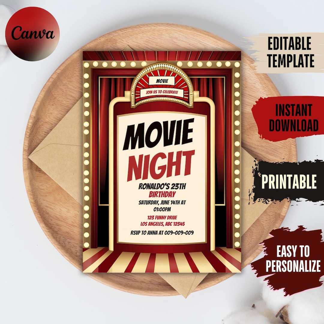 Movie Night Birthday Invitation, Movie Party Invitation, Cinema ...