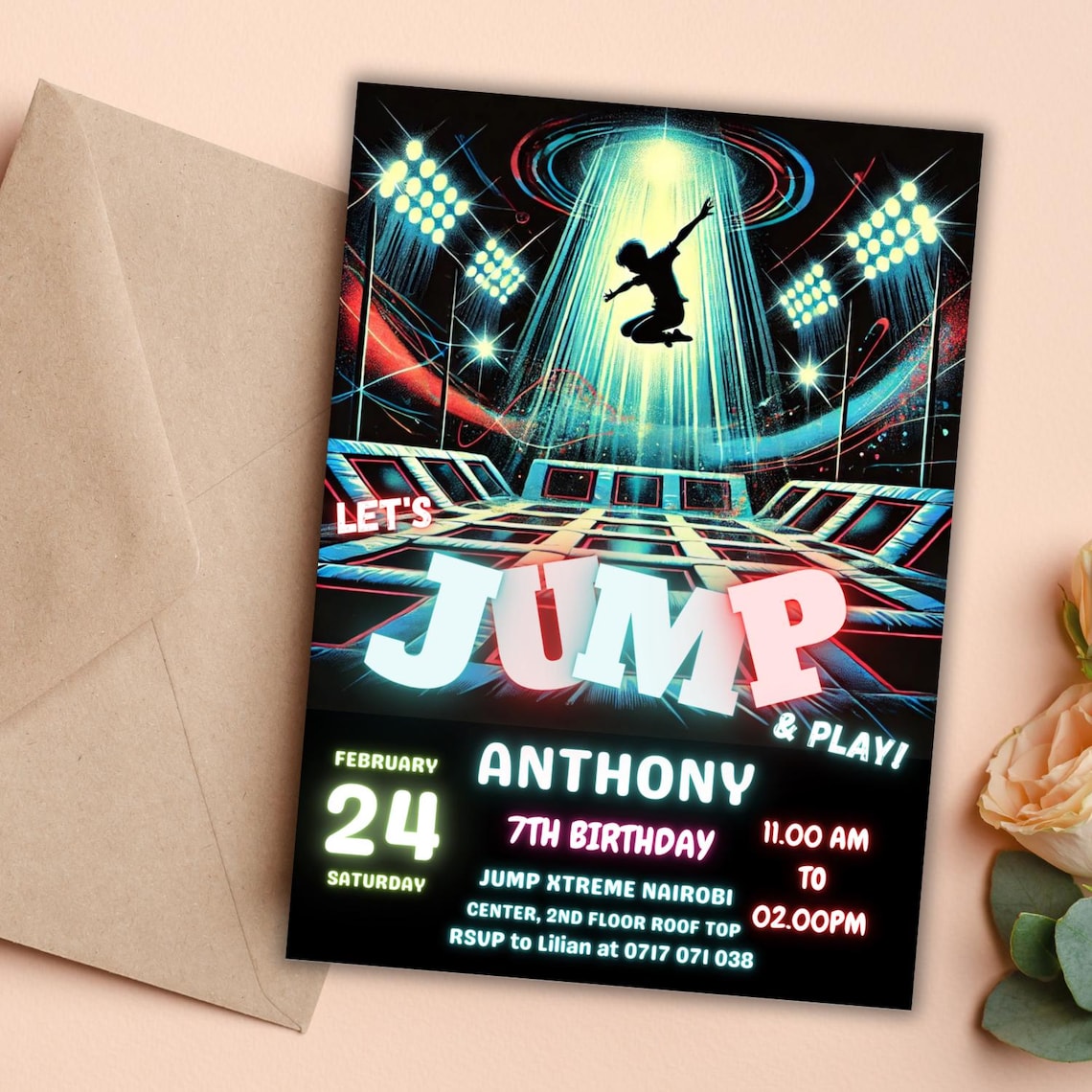 Trampoline Park Birthday Invitation: Neon Jump Party (editable Template ...