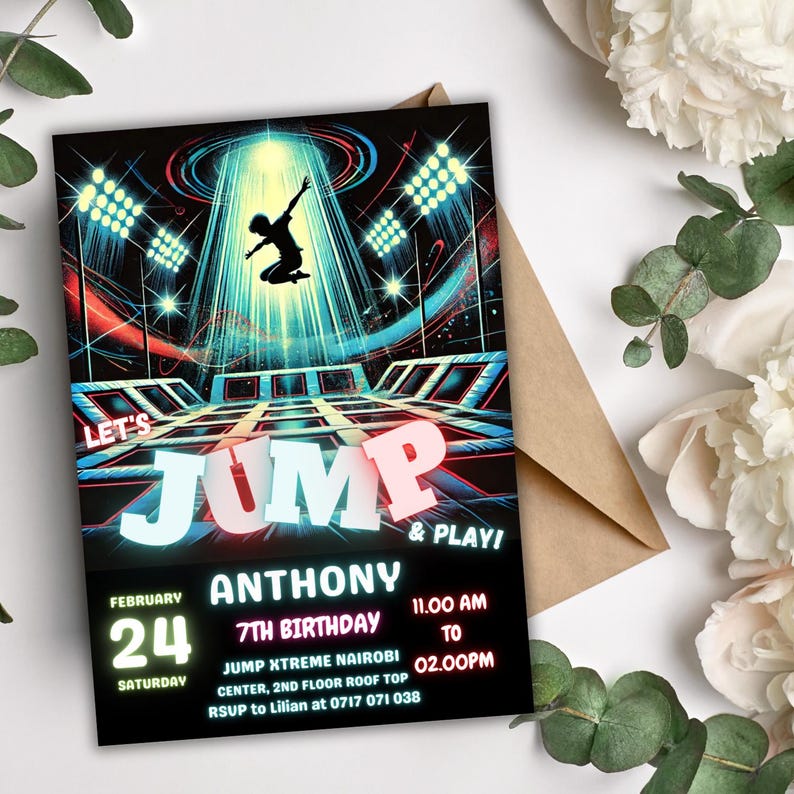 Trampoline Park Birthday Invitation: Neon Jump Party (editable Template ...