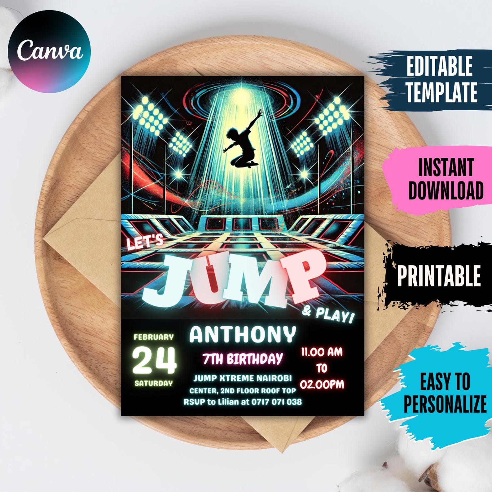 Trampoline Park Birthday Invitation: Neon Jump Party (editable Template ...