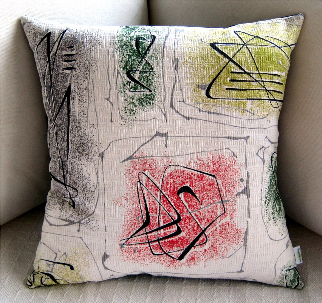 Mad Men Barkcloth Pillow Cover: Retro Doodles, Lime Red Green - 18x18 ...