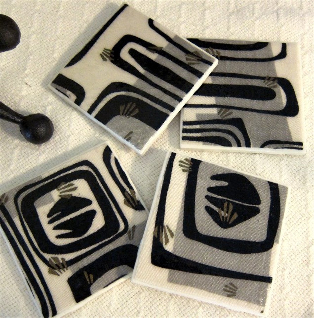 Vintage Mid Century Modern Textile Coasters - GREAT Gift Idea - Blk ...