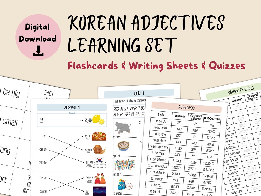 Printable Korean Adjective Learning Set, Basic Korean Practice, Hangul ...