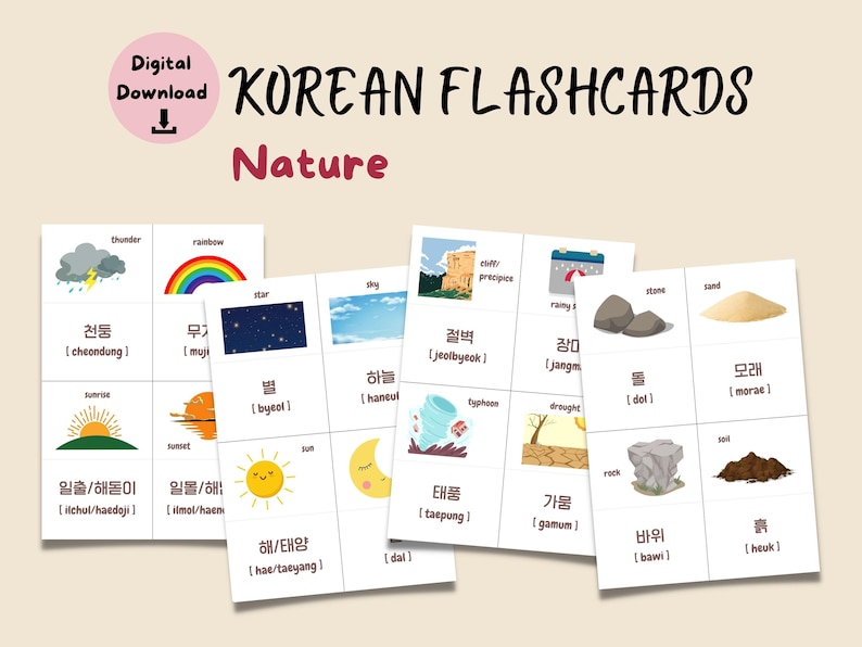 Printable Korean Nature Flashcards, Learn Korean Vocabulary, Hangul ...