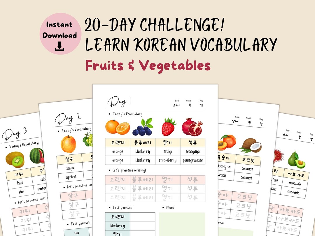20-day Korean Vocabulary Challenge – Fruits & Vegetables, Printable ...
