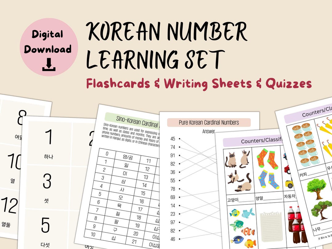 Printable Korean Number Learning Set, Korean Worksheets, Hangul ...