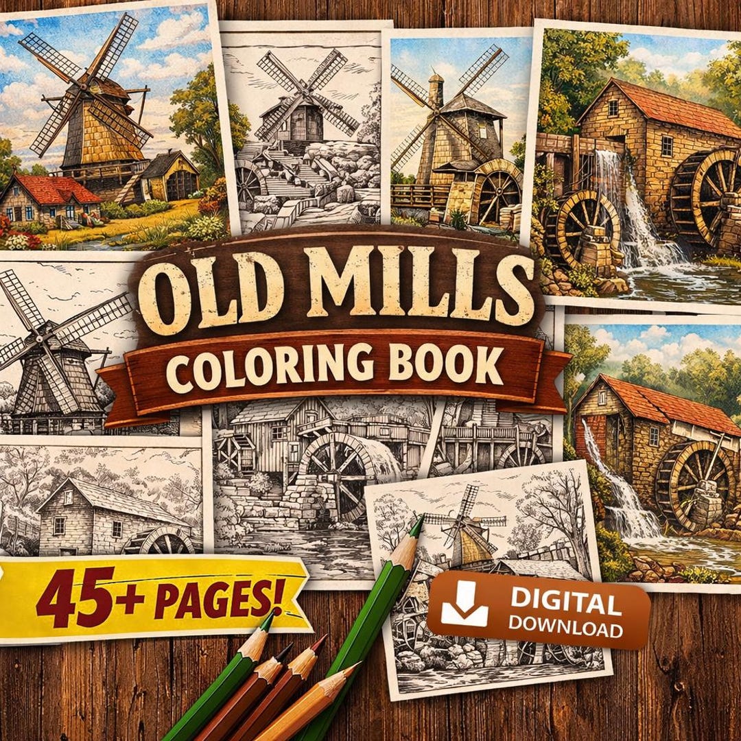 Intricate Old Mills & Windmills Adult Coloring Book | 46 Detailed ...