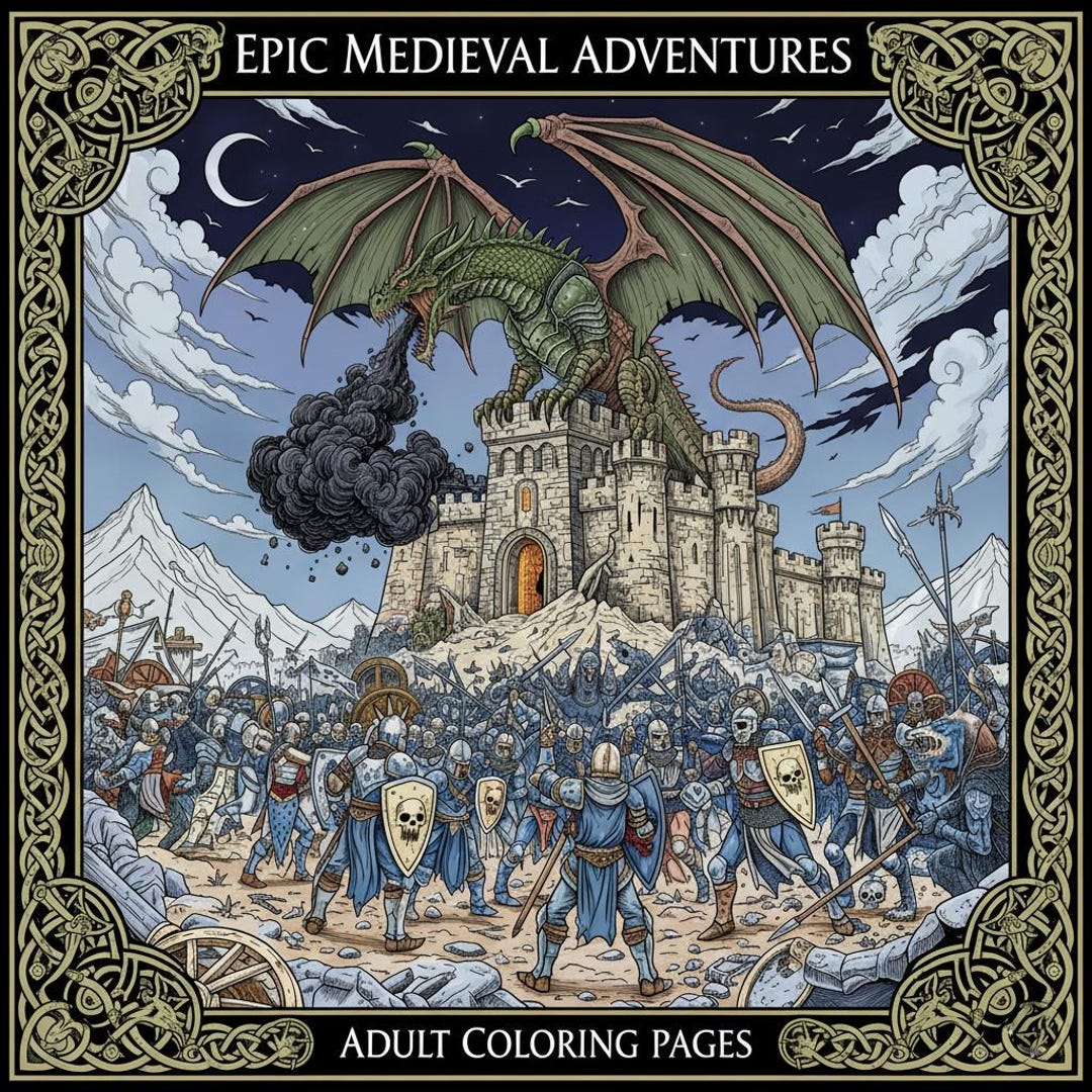 Medieval Dragon Fantasy Coloring Pages: Knights & Castle Battles (3 PDF ...