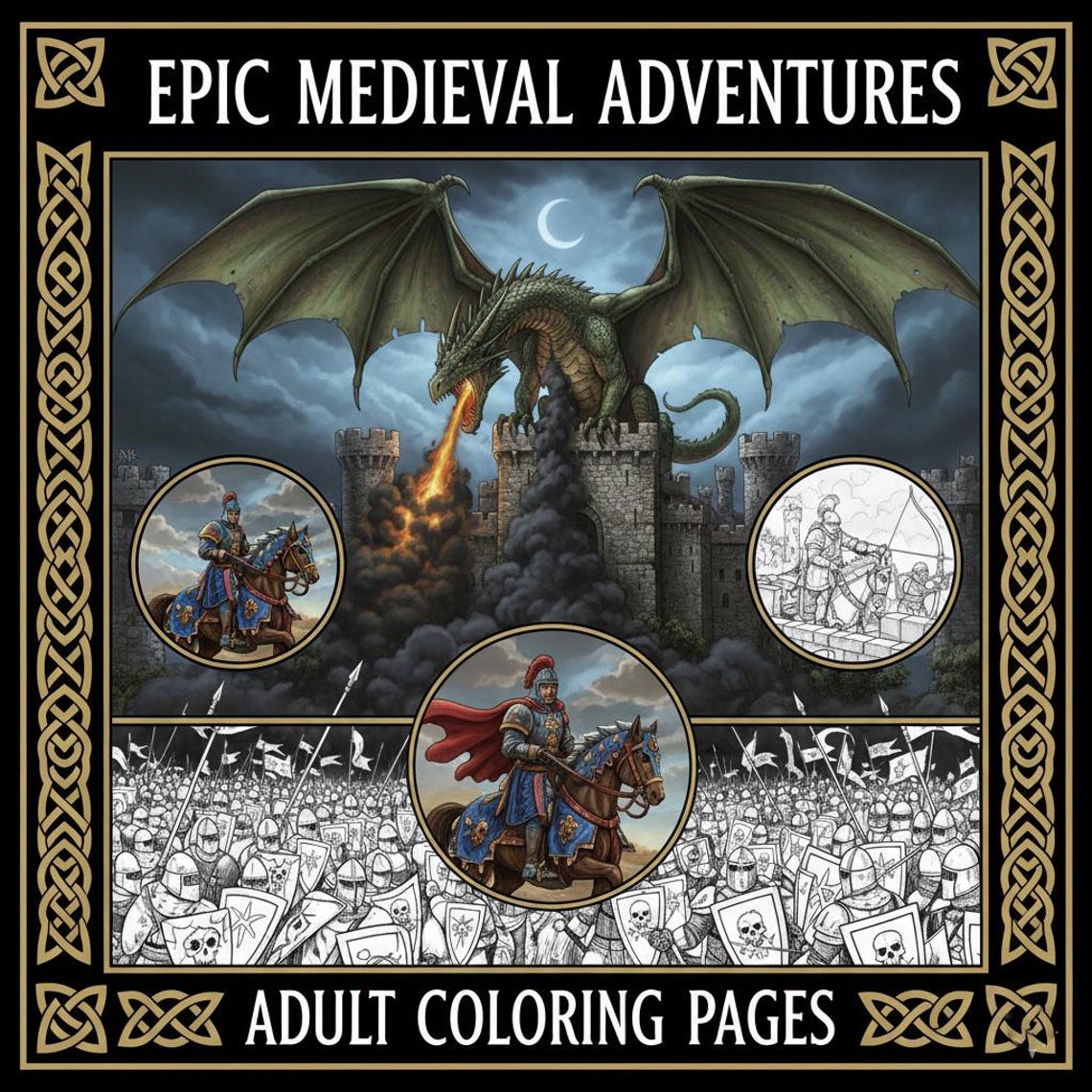Medieval Dragon Fantasy Coloring Pages: Knights & Castle Battles (3 PDF ...