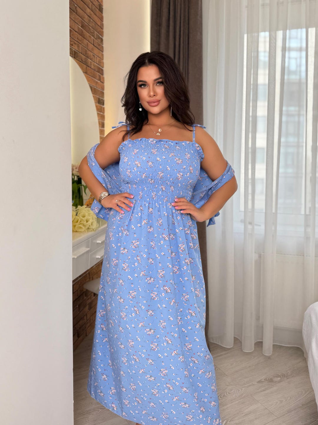 Light Blue Soft Fabric Dress and Blouse Set for Women, Summer Maxi ...