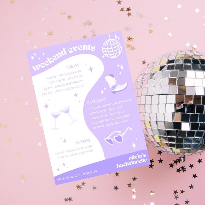 Purple Retro Bachelorette Party Itinerary Template (DIY Editable Canva ...