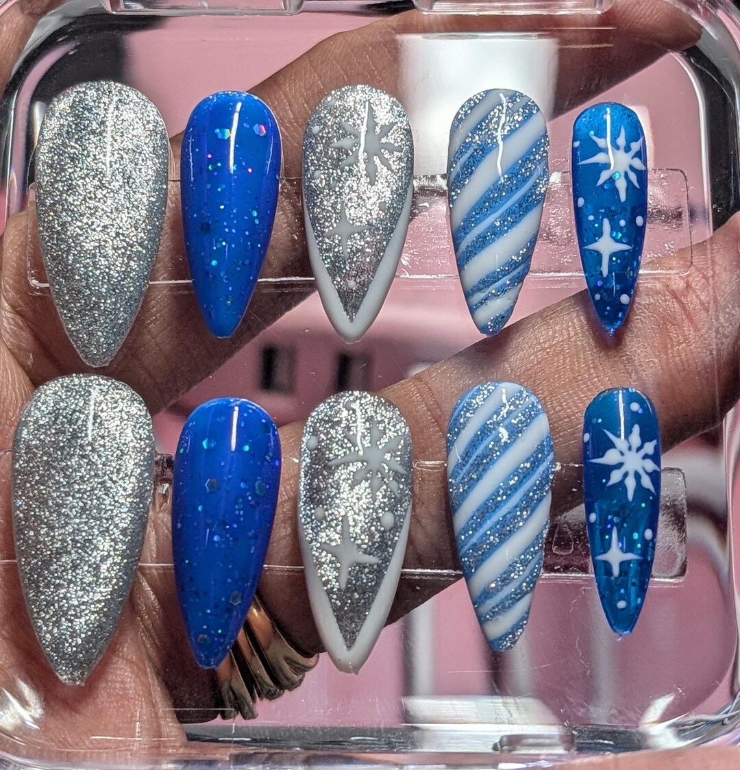 Blue and Silver Snowflake Nails - Etsy
