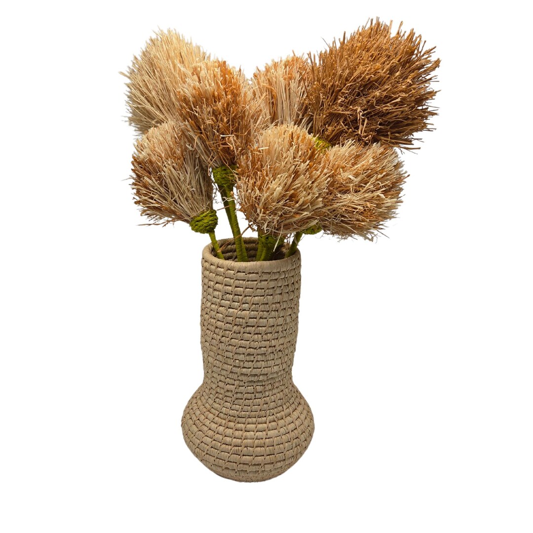 Tan Pom Pom Artificial Raffia Flowers and Tan Vase - Handmade Malagasy ...
