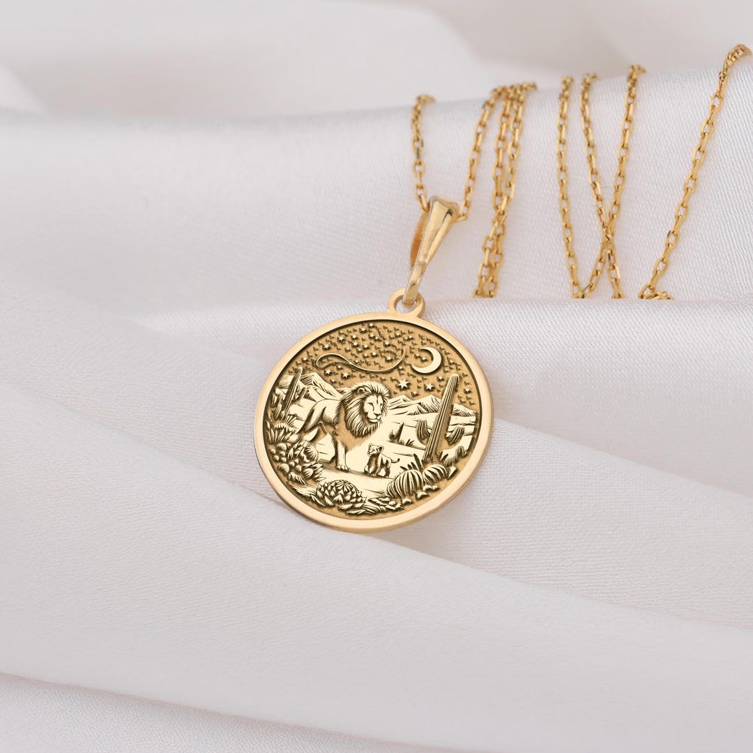 14K Gold Lion Medallion Necklace: Celestial Safari Pendant - Etsy