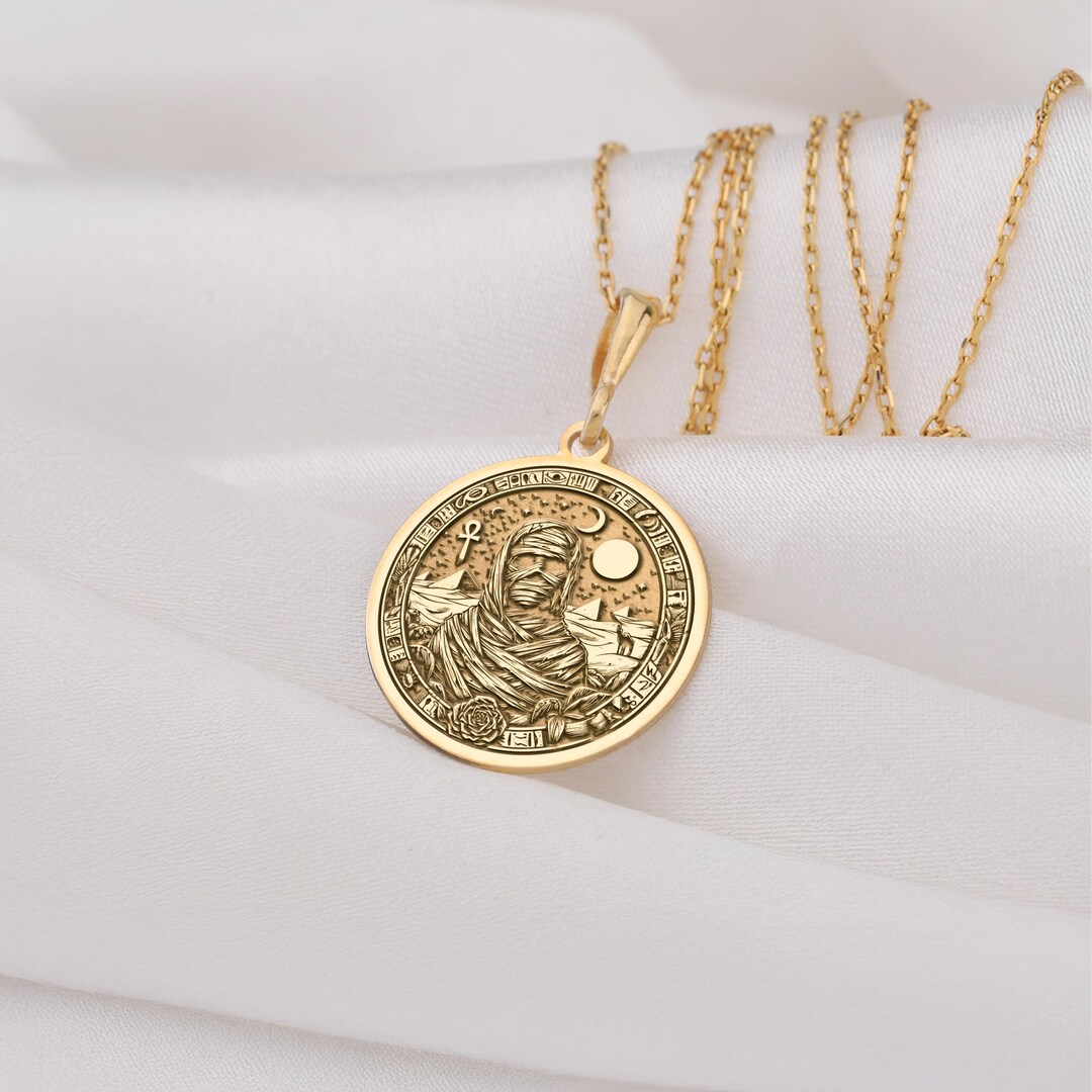 14K Solid Gold Ancient Egyptian Mummy Necklace, Gold Amulet With Hieroglyphic Border, Mystical ...