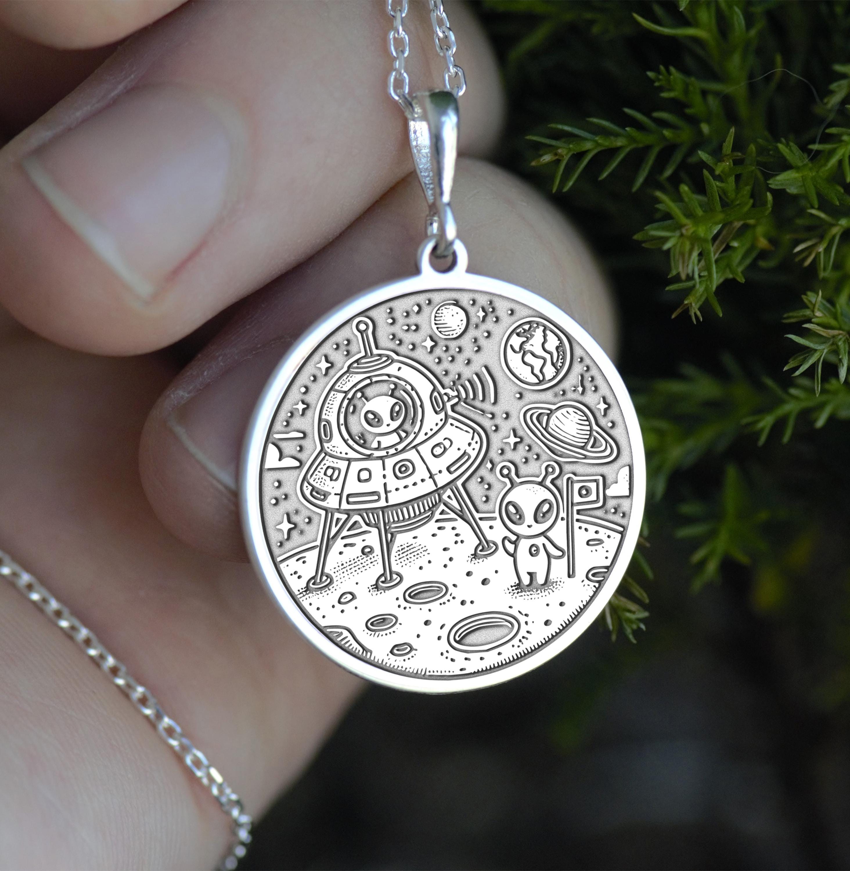 14K Solid Gold Alien Spaceship Pendant Necklace, Cute Alien Pendant ...