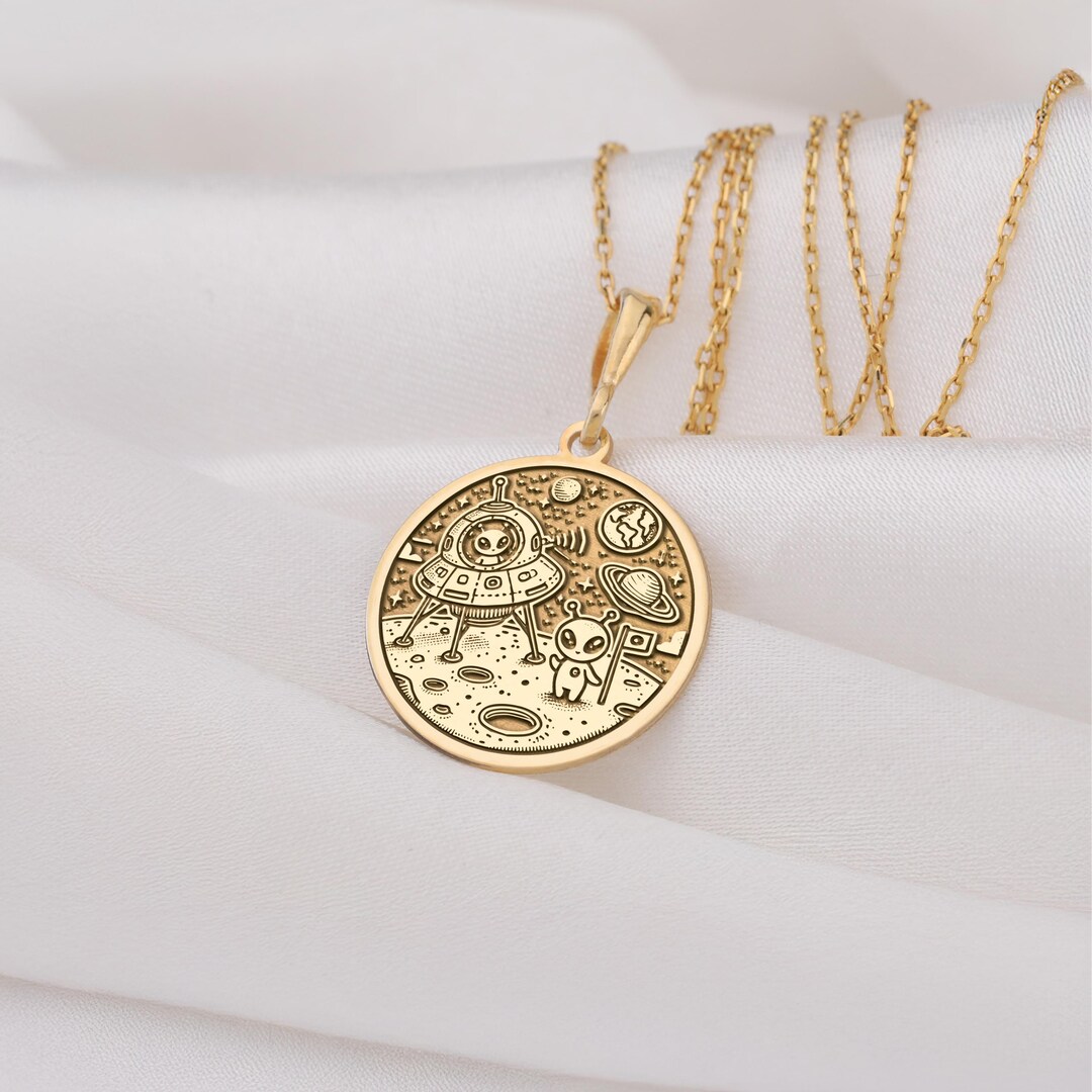 14K Solid Gold Alien Spaceship Pendant Necklace, Cute Alien Pendant ...