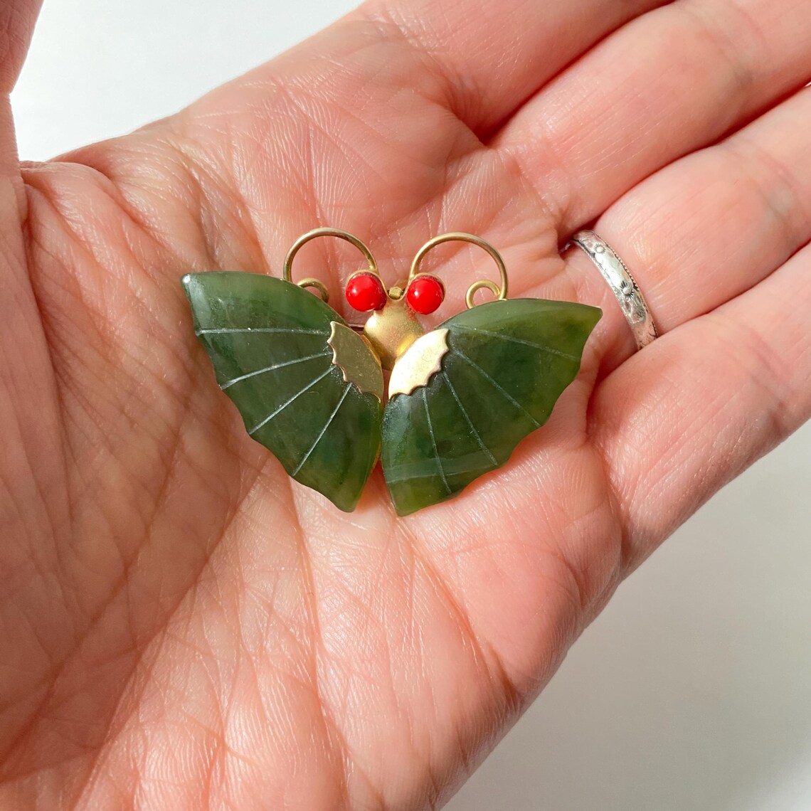 Vintage Jade Moth Brooch Gold, Red, Green Butterfly Pendant Necklace ...