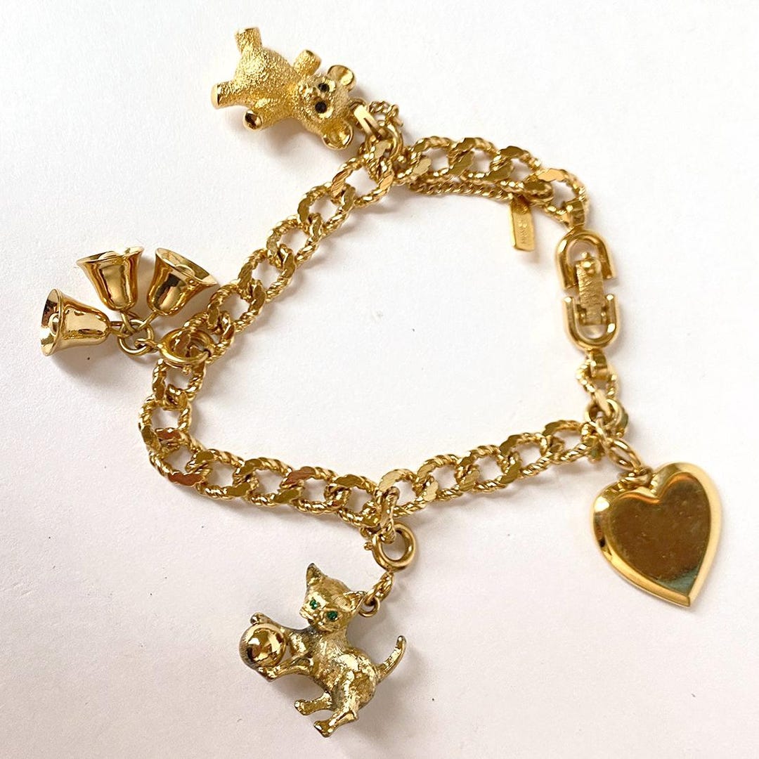 Vintage 1960s Monet Charm Bracelet Gold Tone Chunky Rope Link With 4 ...