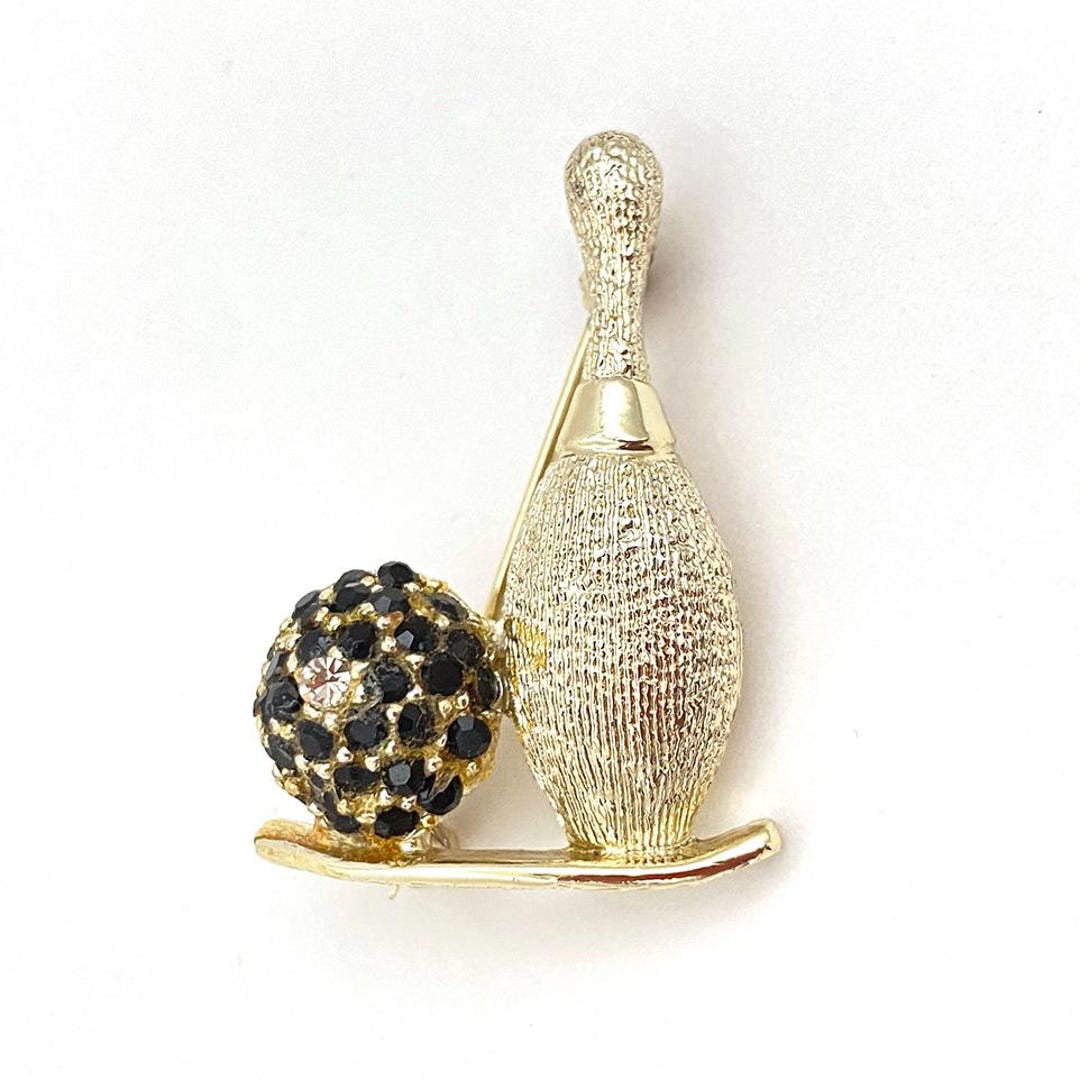 Vintage Bowling Ball and Pin Brooch - Gold Tone and Black Rhinestone ...