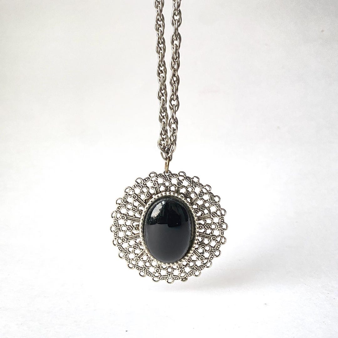 Vintage Romantic Goth Jet Black and Silver Tone Filigree Oval Pendant ...