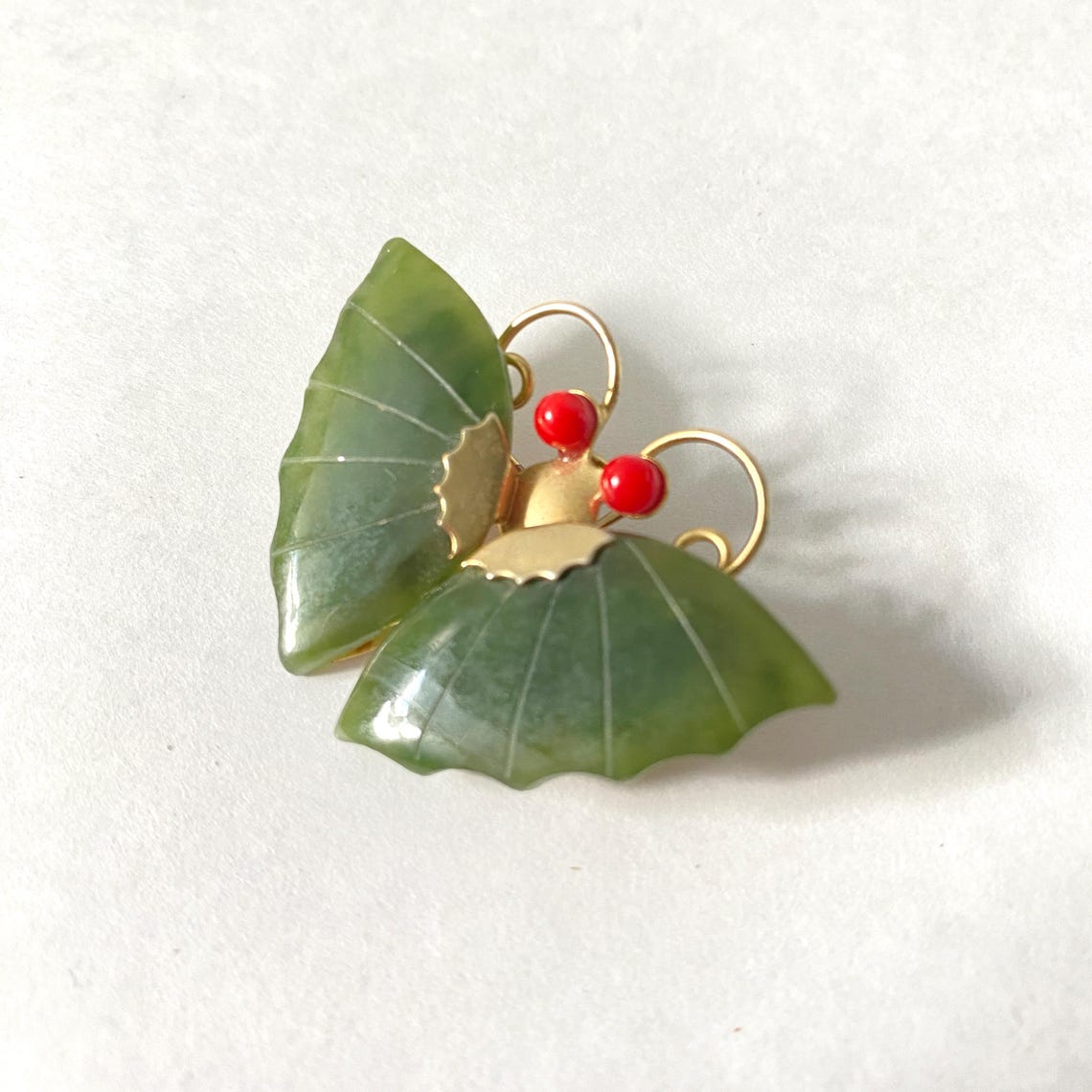 Vintage Jade Moth Brooch Gold, Red, Green Butterfly Pendant Necklace ...