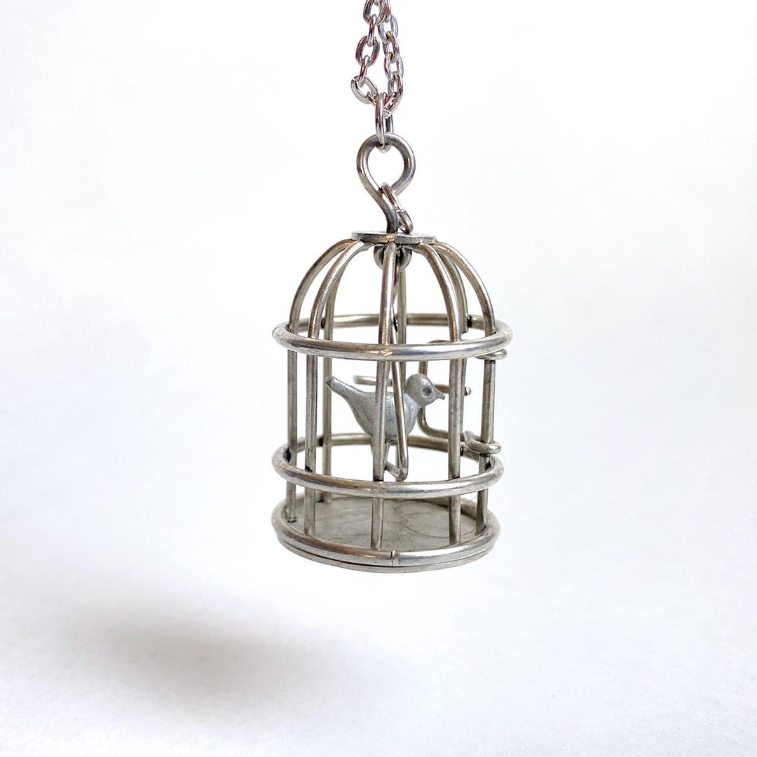 Vintage Caged Bird Necklace - Silver Tone Bird in Cage on Swing Charm ...